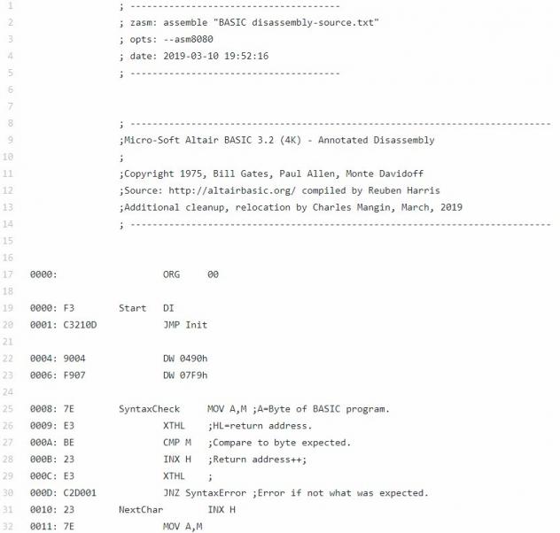 Altair BASIC est désassemblé sur GitHub